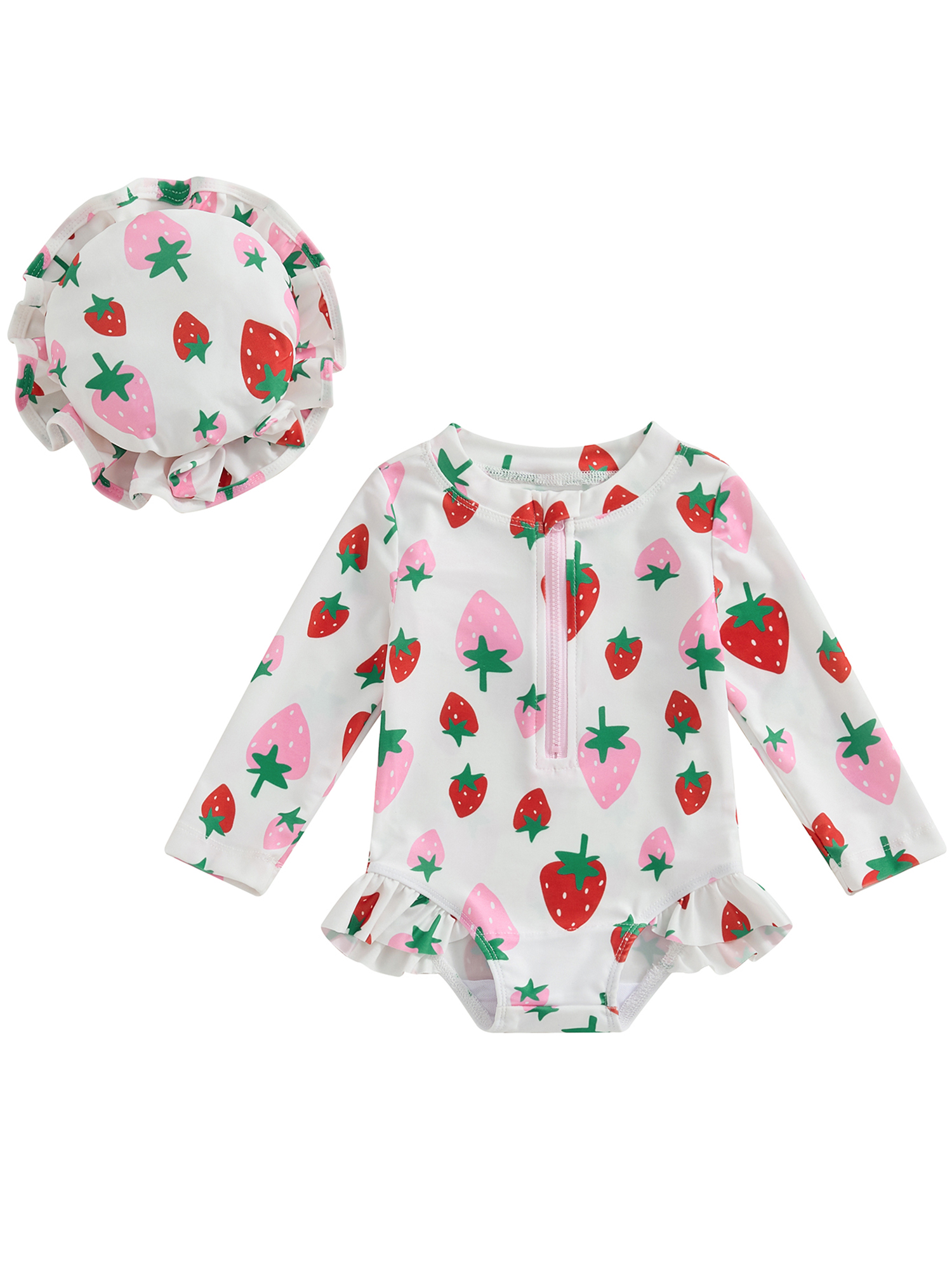 Toddler Baby Girls Swimsuit Rash Guard Outfits Strawberry Print Long Sleeve Bikini with Hat ...