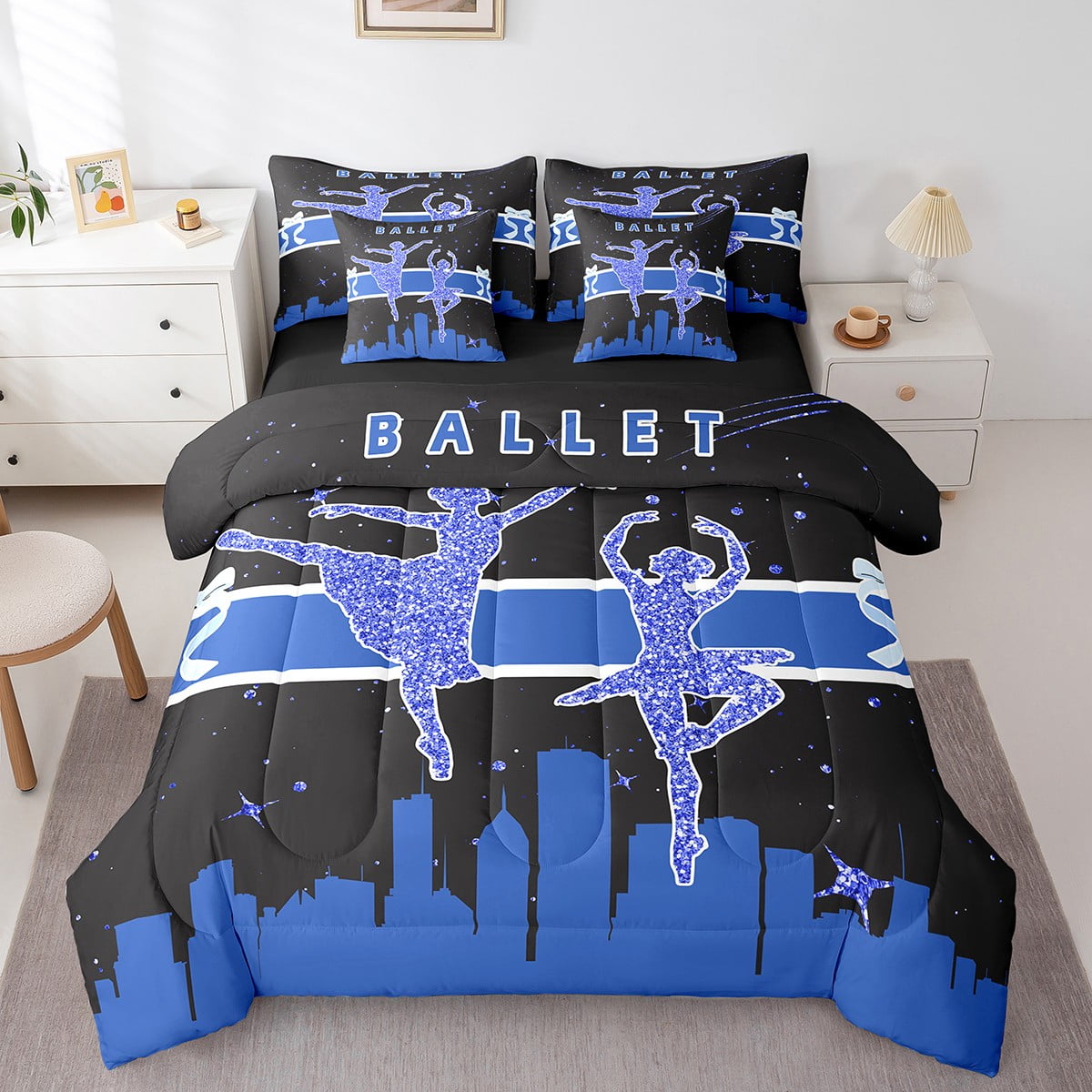 Ballet Bed in a Bag 7-Piece Princess Bedding Set, Black Navy Blue Twin ...