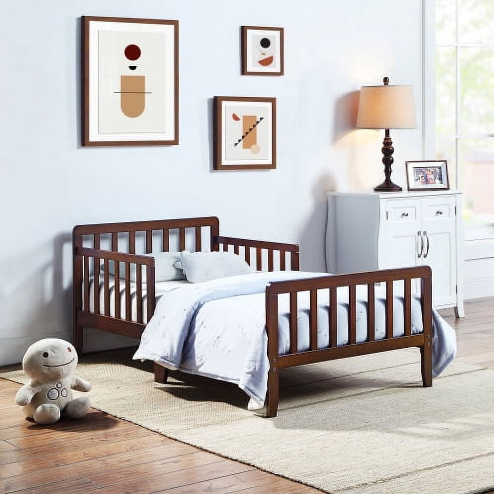 Toddler Bed, Classic Rubber Wood Kids Bed Frame w/Double Safety ...