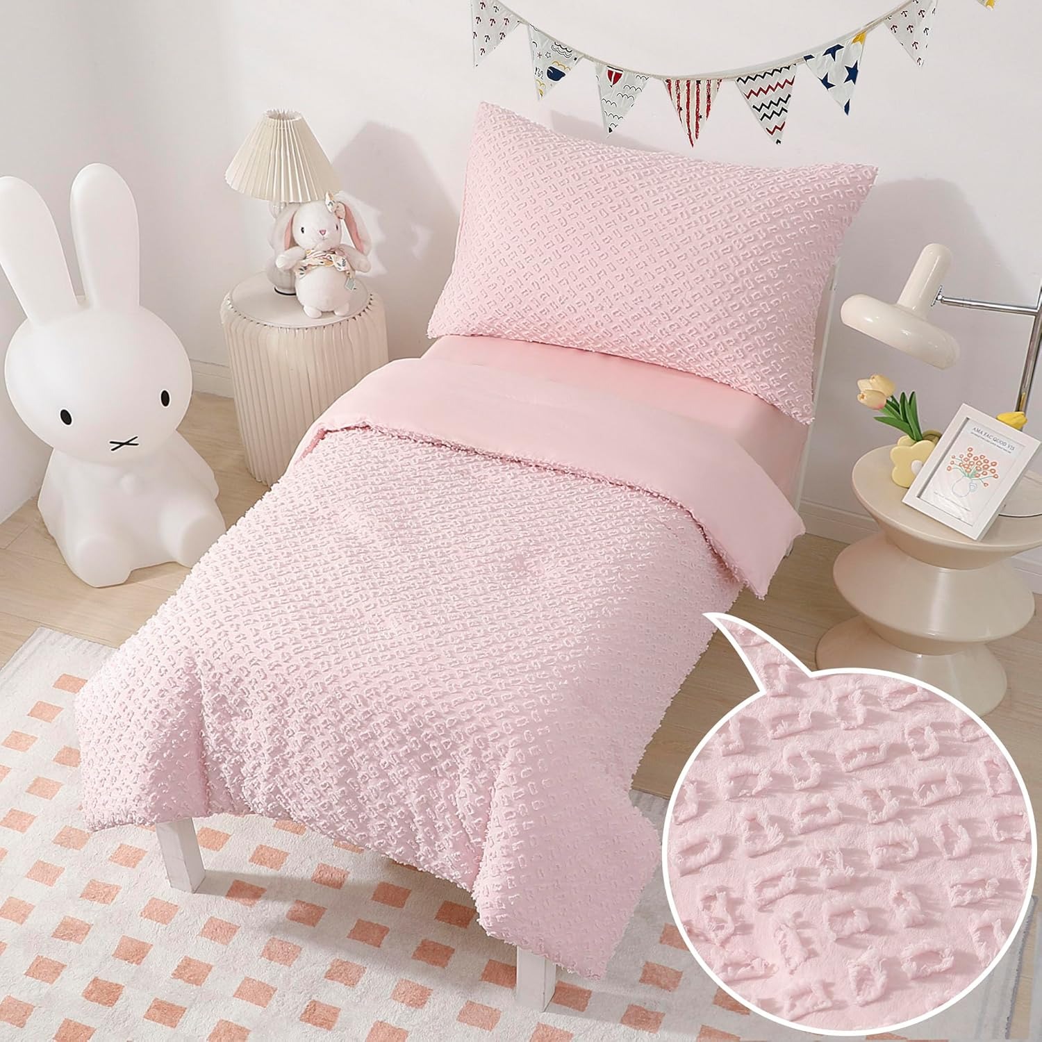 Toddler Bedding Set for Girls 4-Piece Pink Jacquard Pom Pom Tufts ...