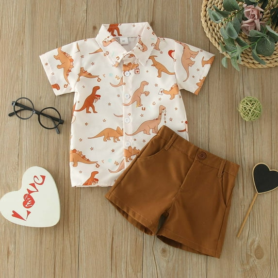 Toddler Boy Valentines Day Outfit Short Sleeve Dinosaur Print Button ...