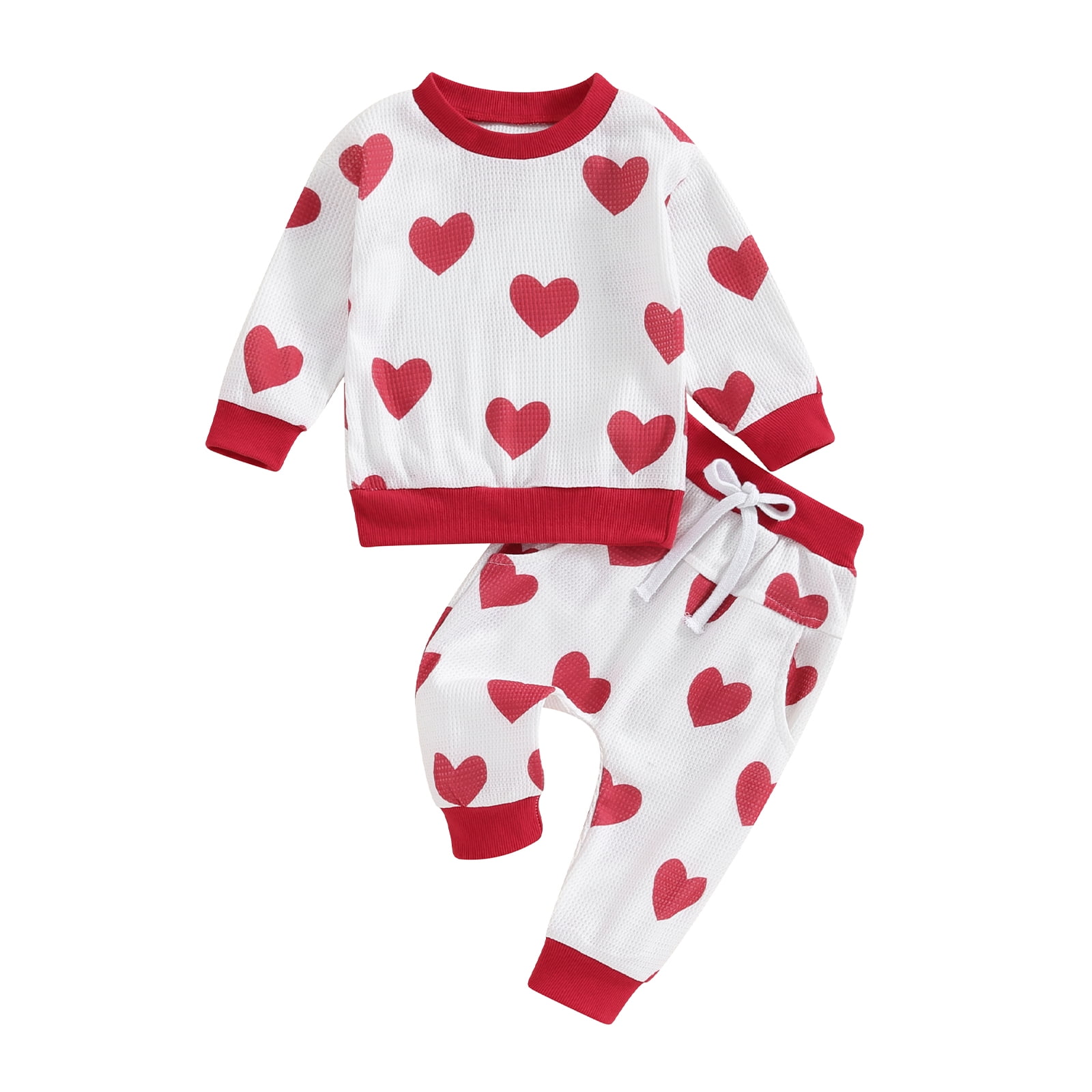 Toddler Boys Girls Fall Outfits Heart Print Long Sleeve Waffle Sweatshirts and Long Pants 2Pcs ...