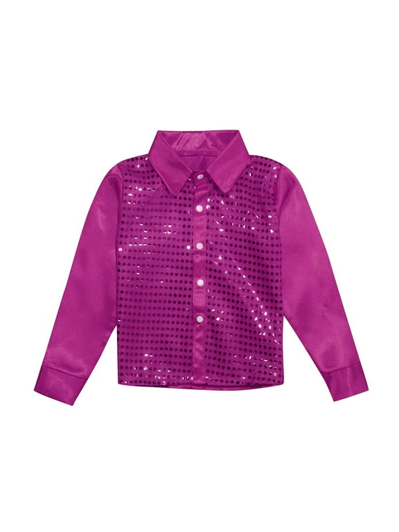 ANINEO Kids Girls Sparkly Sequins Dance Top Boys Long Sleeve Button ...