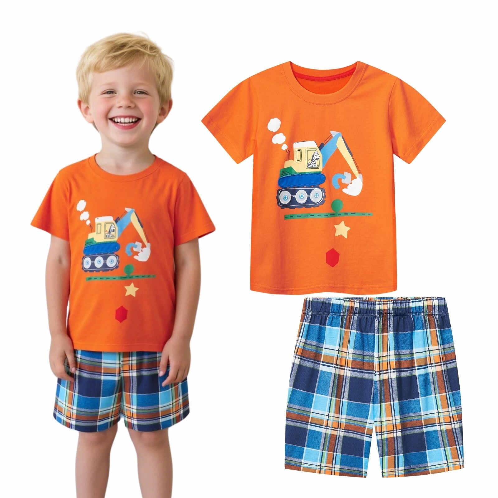 HILEELANG little Boy's Excavator Print Crew Neck T-Shirt Shorts Outfit ...