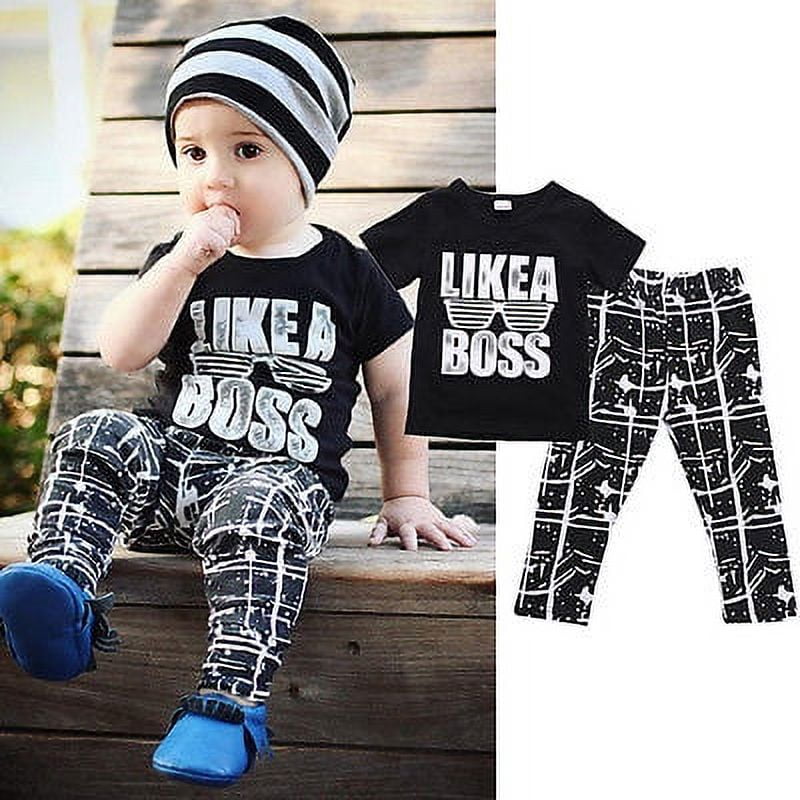 Gaono Toddler Boys Short Sleeve Top and Long Pants Outfit Set (Black/White) Sizes 6-12M to 4-5T ...