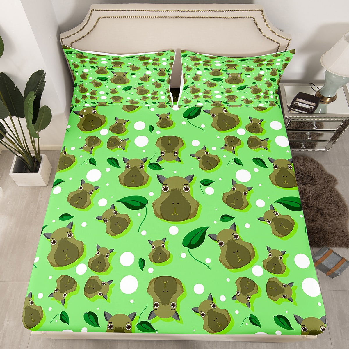 Capybara Fitted Sheet Full, Cartoon Pet Animal Bed Sheets Watercolor ...