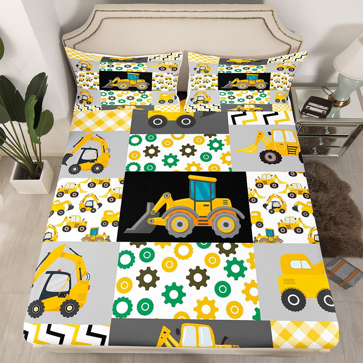 Cartoon Car Bedding Set Excavator Truck Fitted Sheet Car Room Decor ...