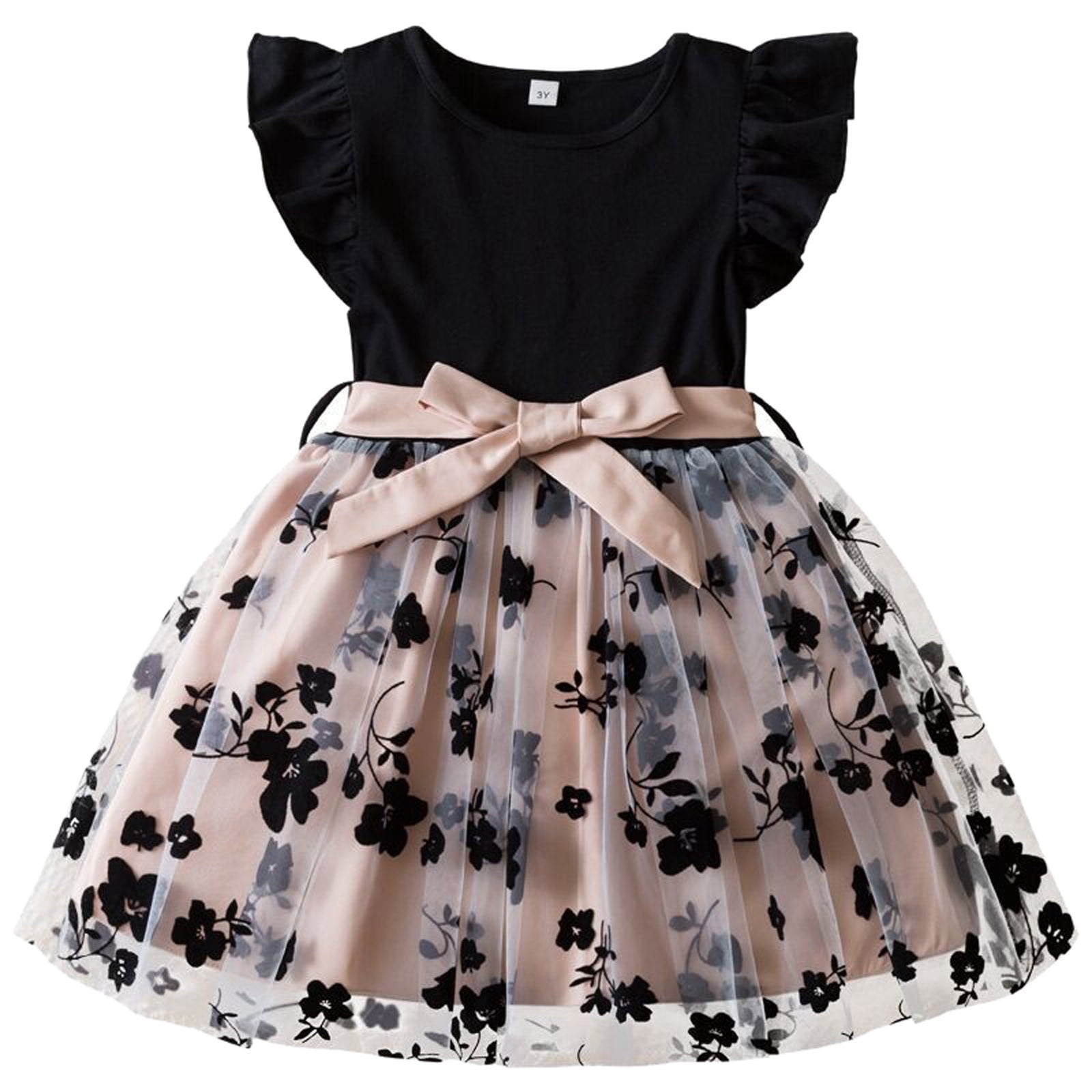 Toddler Children Girls Fly Sleeve Flowers Prints Bowknot Dresses Mesh ...