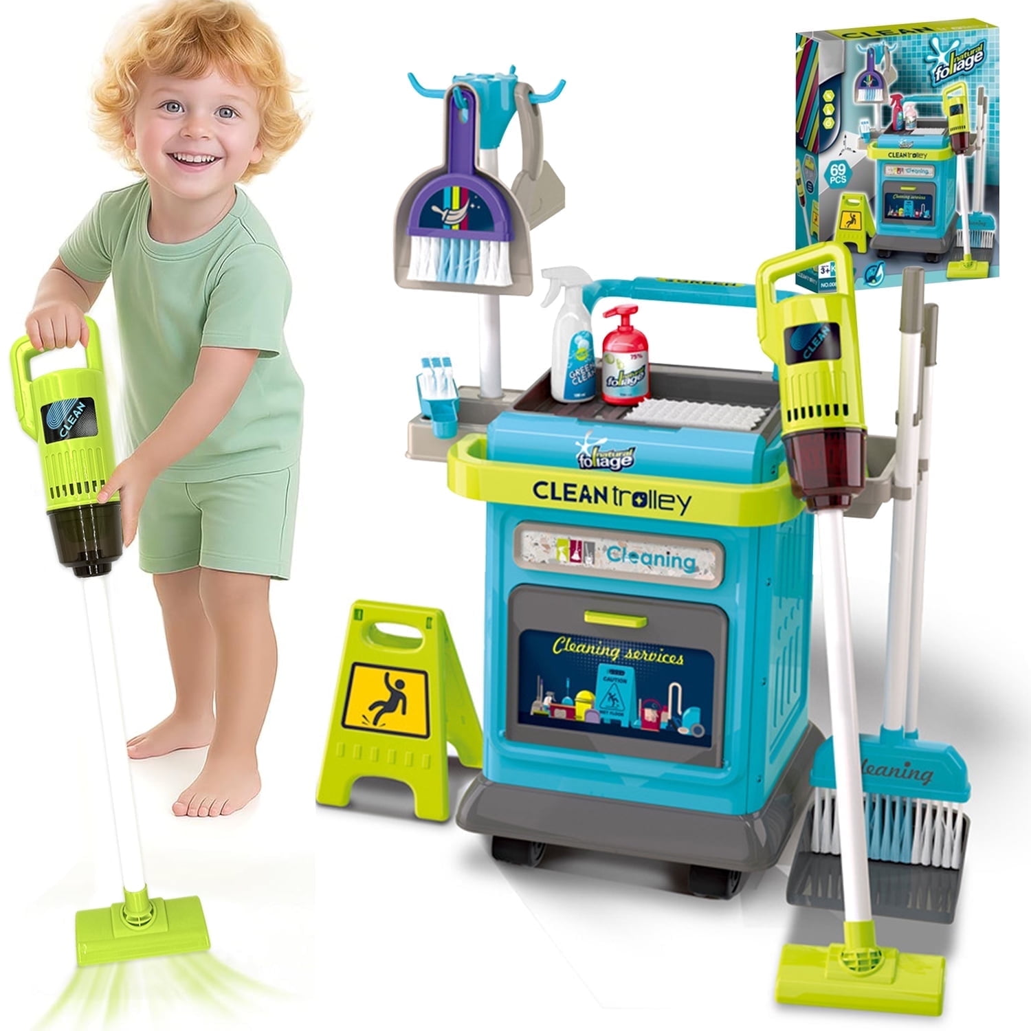 Toddler Cleaning Cart Toy Set, Cleaning Toy Set with Working Vacuum ...