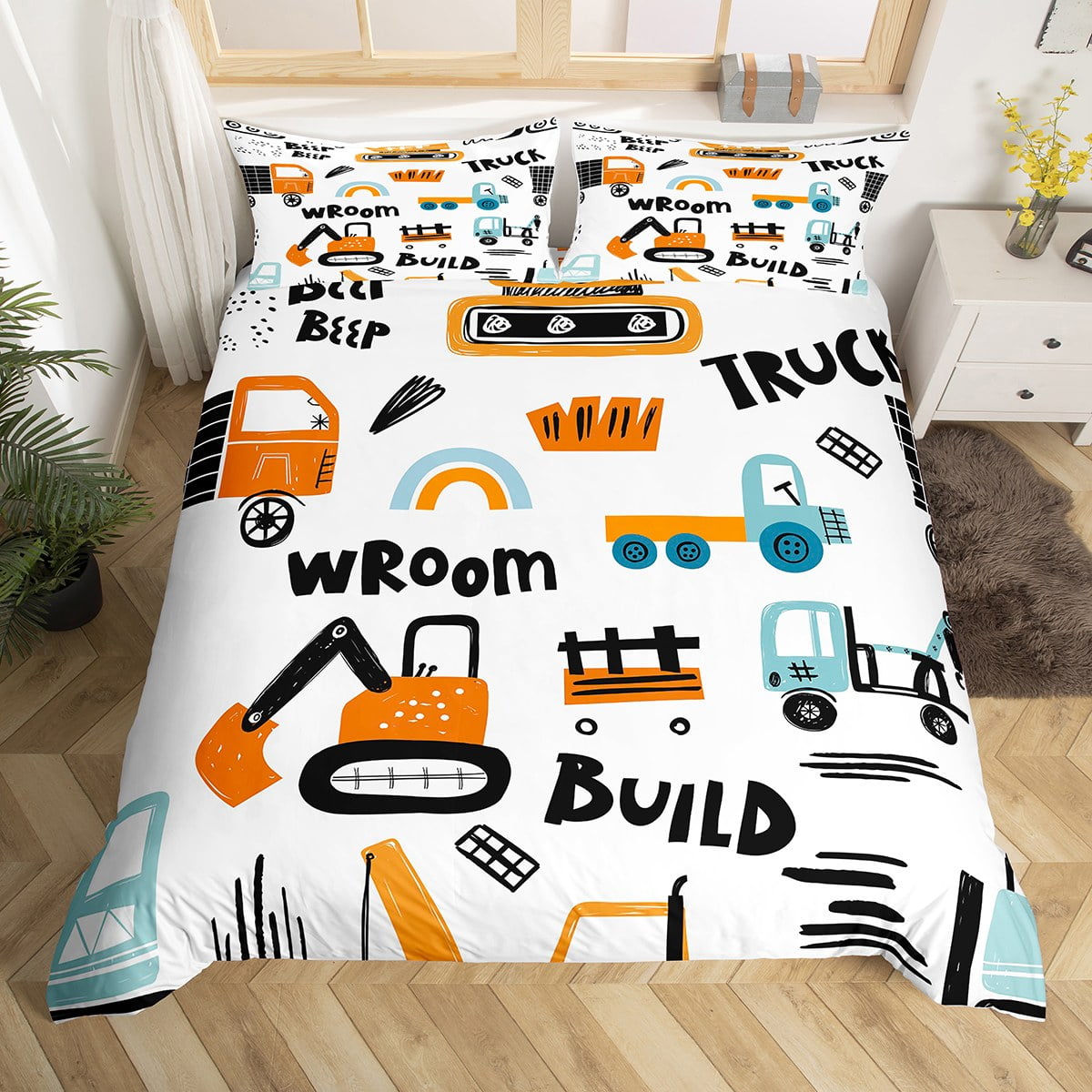 Toddler Construction Vehicle Comforter Cover for Kids Tractor Bed Set ...