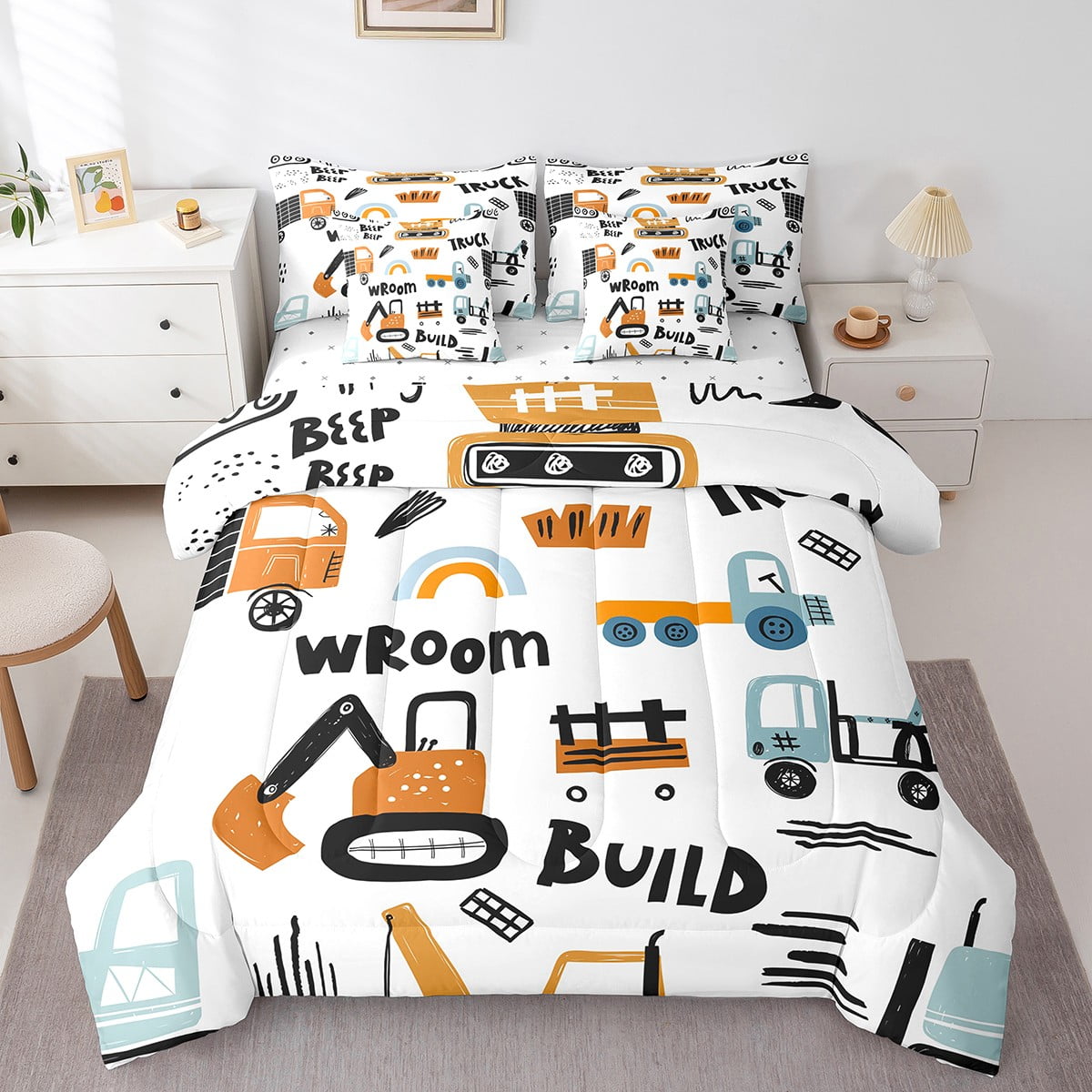 Toddler Construction Vehicle Queen Bedding Sets for Kids Tractor ...