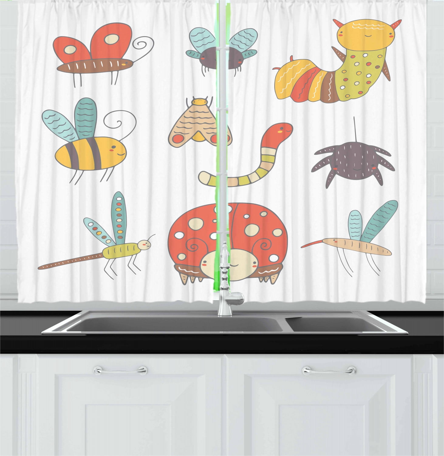 Toddler Curtains 2 Panels Set, Nursery Doodle Bugs and Insects Smiling ...