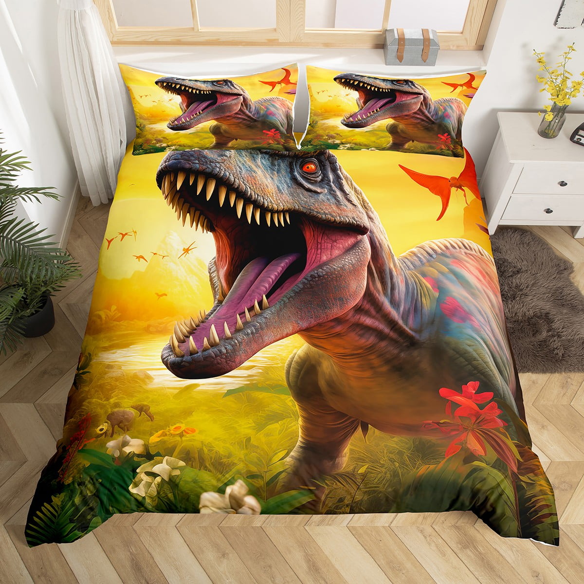 Dinosaur Bed Set Green Leaves Duvet Cover King Size, Dino Bedding Set ...