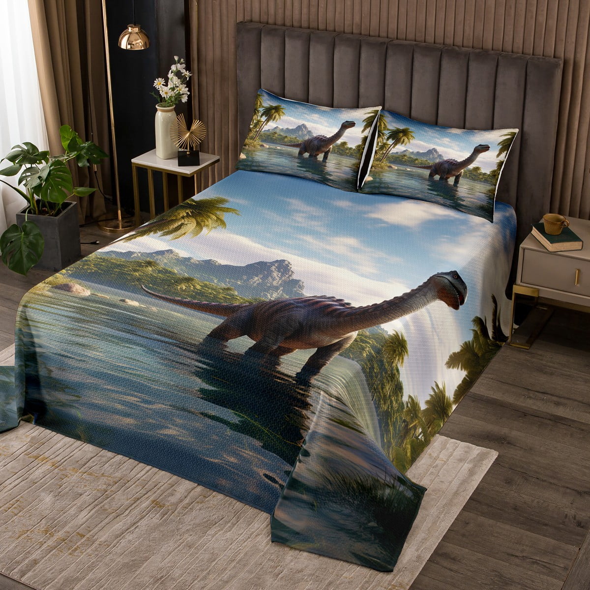 Dinosaur Coverlet Set Jungle Bedspread Set Bedroom Decor, Botanical ...