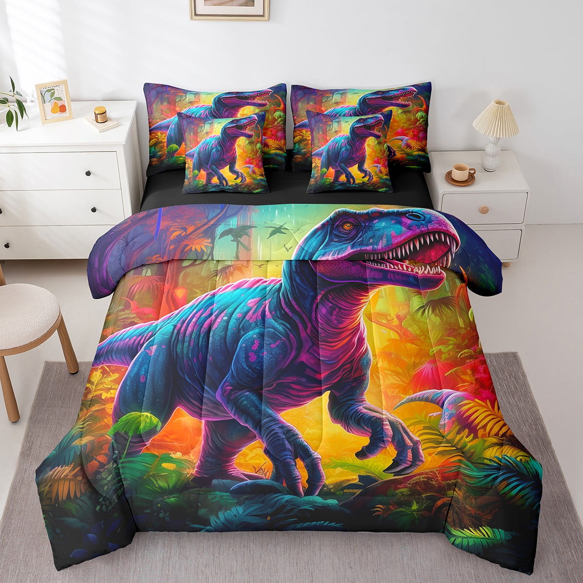 Toddler Dinosaur Queen Bedding Sets Watercolor Dino Comforter Set for ...