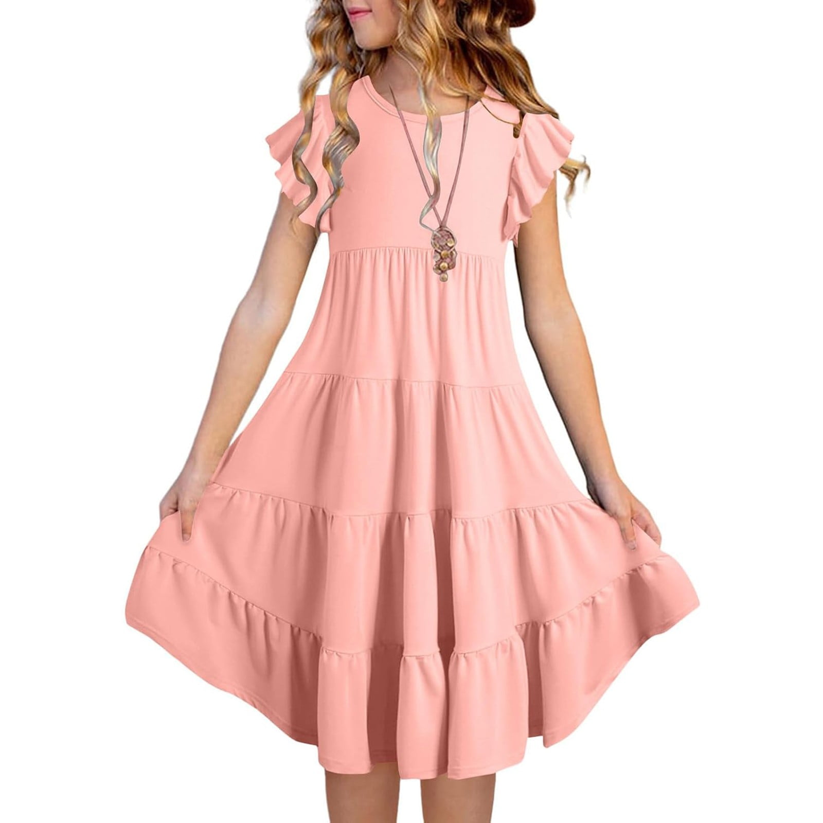 Toddler Dresses Child Girls Summer Solid Double Layer Flutter Sleeve ...