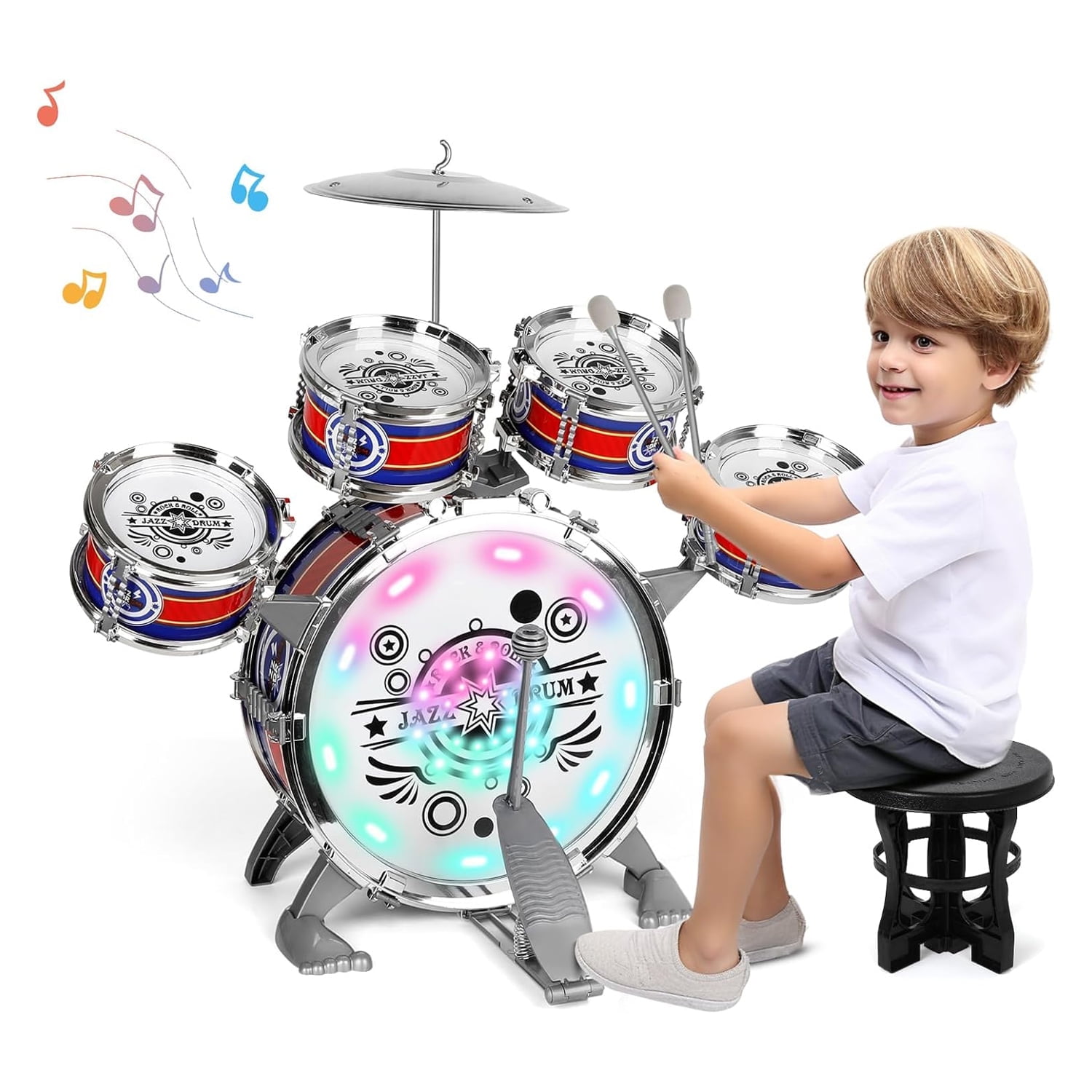 Zmoon Toddler Drum Kit Kids Toy Jazz Drum Set 6 Drums with Stool Mini ...