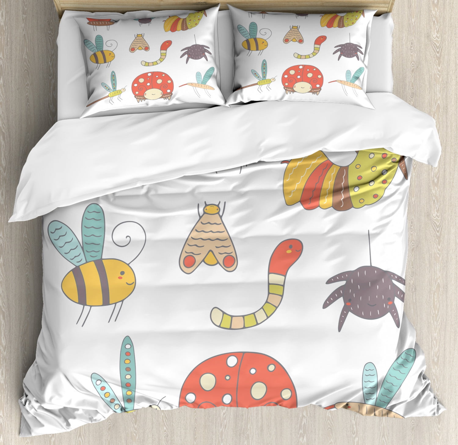 Toddler Duvet Cover Set Queen Size, Nursery Doodle Bugs and Insects ...
