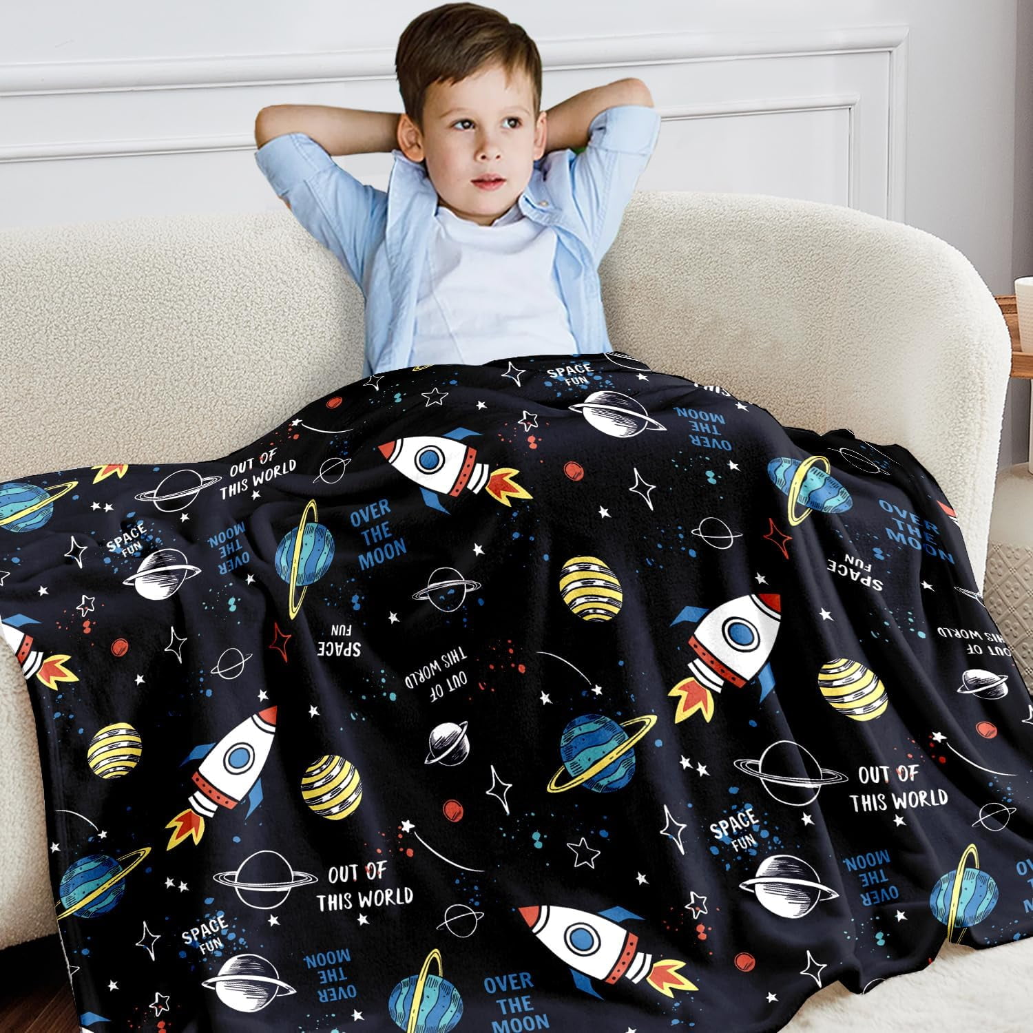Toddler Fleece Space Blanket for Boys Kids 3D Space Rocket Planets Soft ...