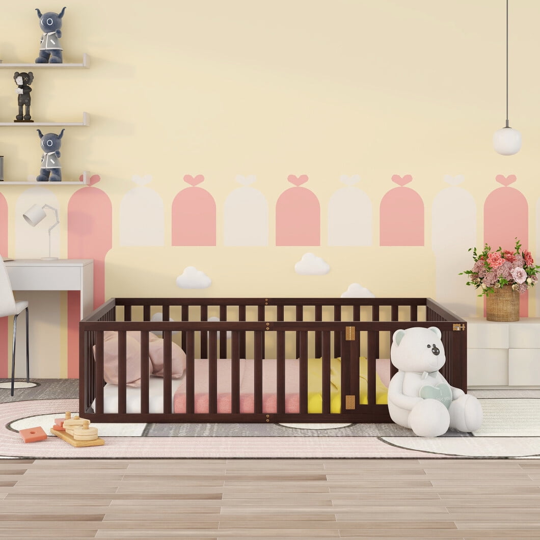 Toddler Floor Bed Frame with Safety Fence and Door, Solid Pine Wood ...
