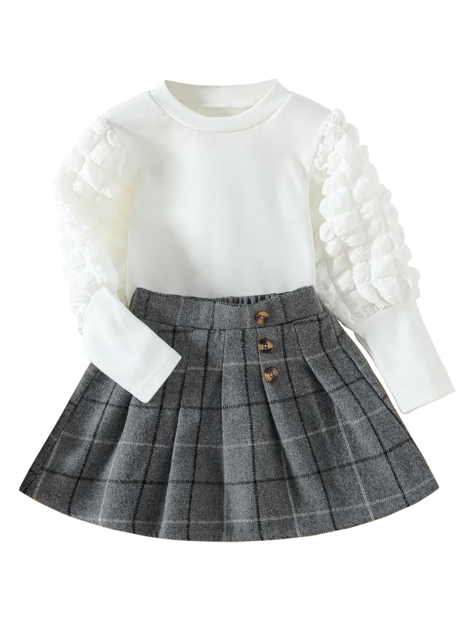 Toddler Girl 2 Piece Outfit Long Sleeve Shirts and Plaid A-Line Skirt ...
