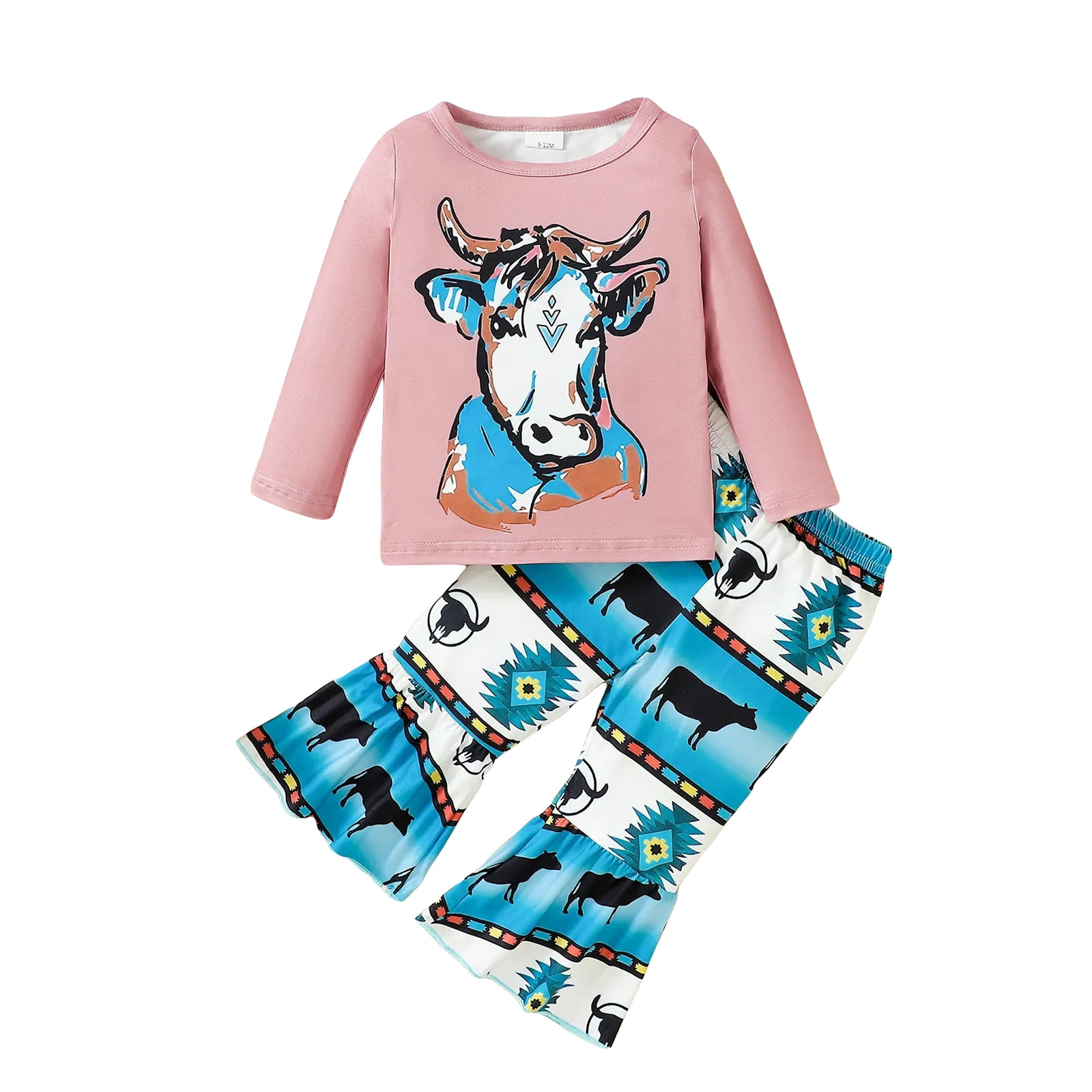 Toddler Girl 2 Piece Outfits Baby Girl Casual Cow Head Print Long Sleeve Sweatshirt and Flared ...