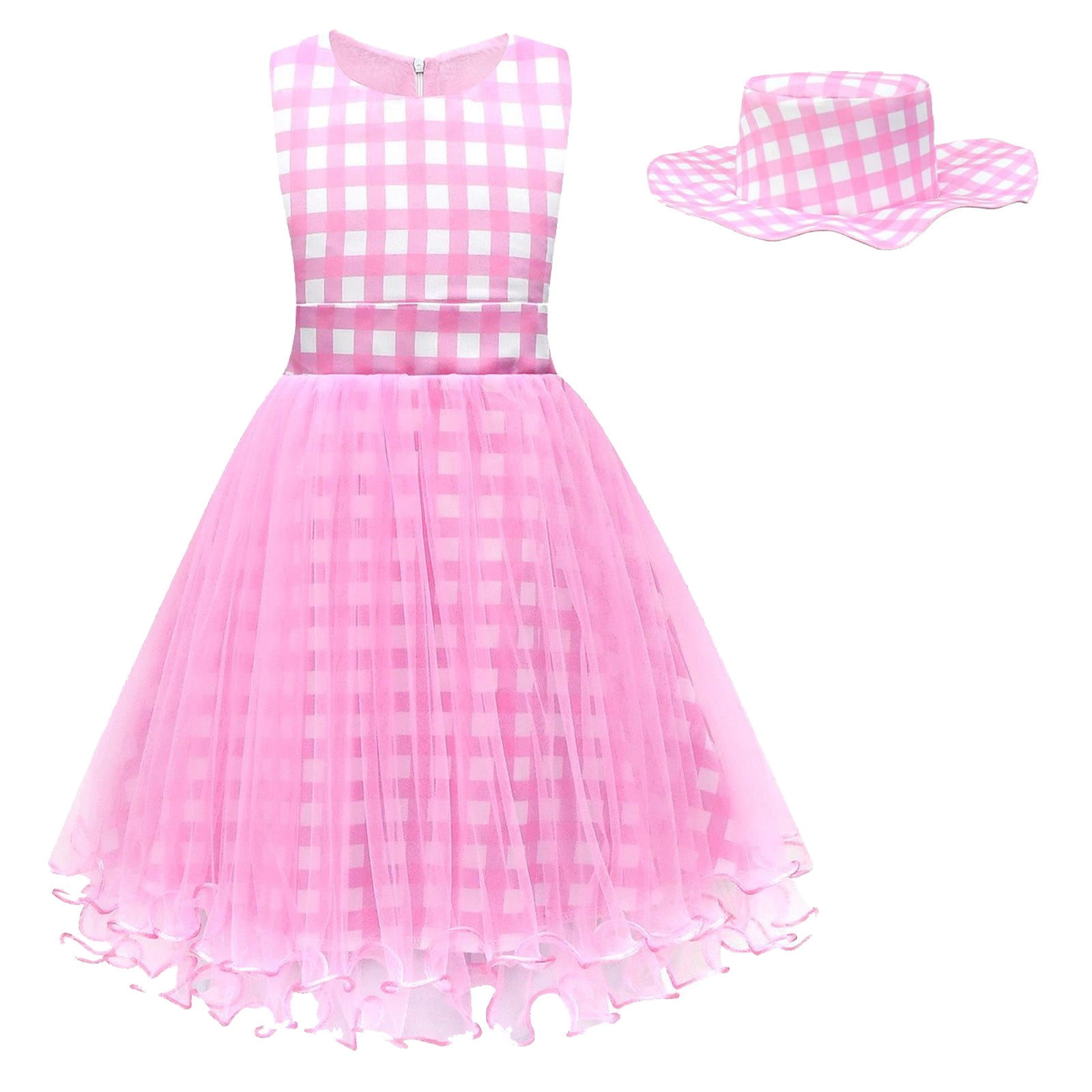 Toddler Girl Dress Pink Pink Plaid Birthday Party Mesh Dress Hat Outfit ...