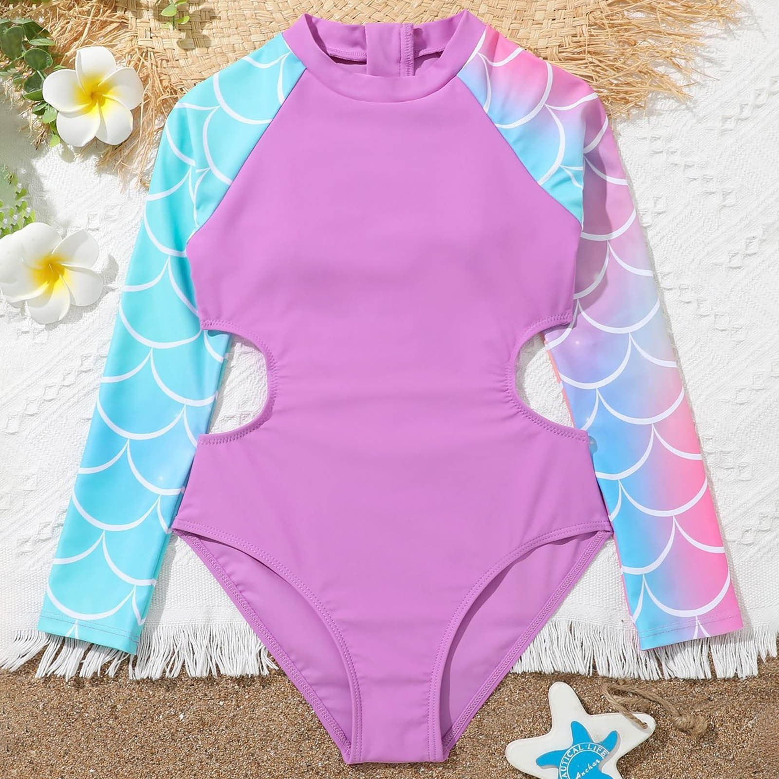 Toddler Girl Long Sleeve Swimsuit Color Block Swimwear Cut Out Summer ...