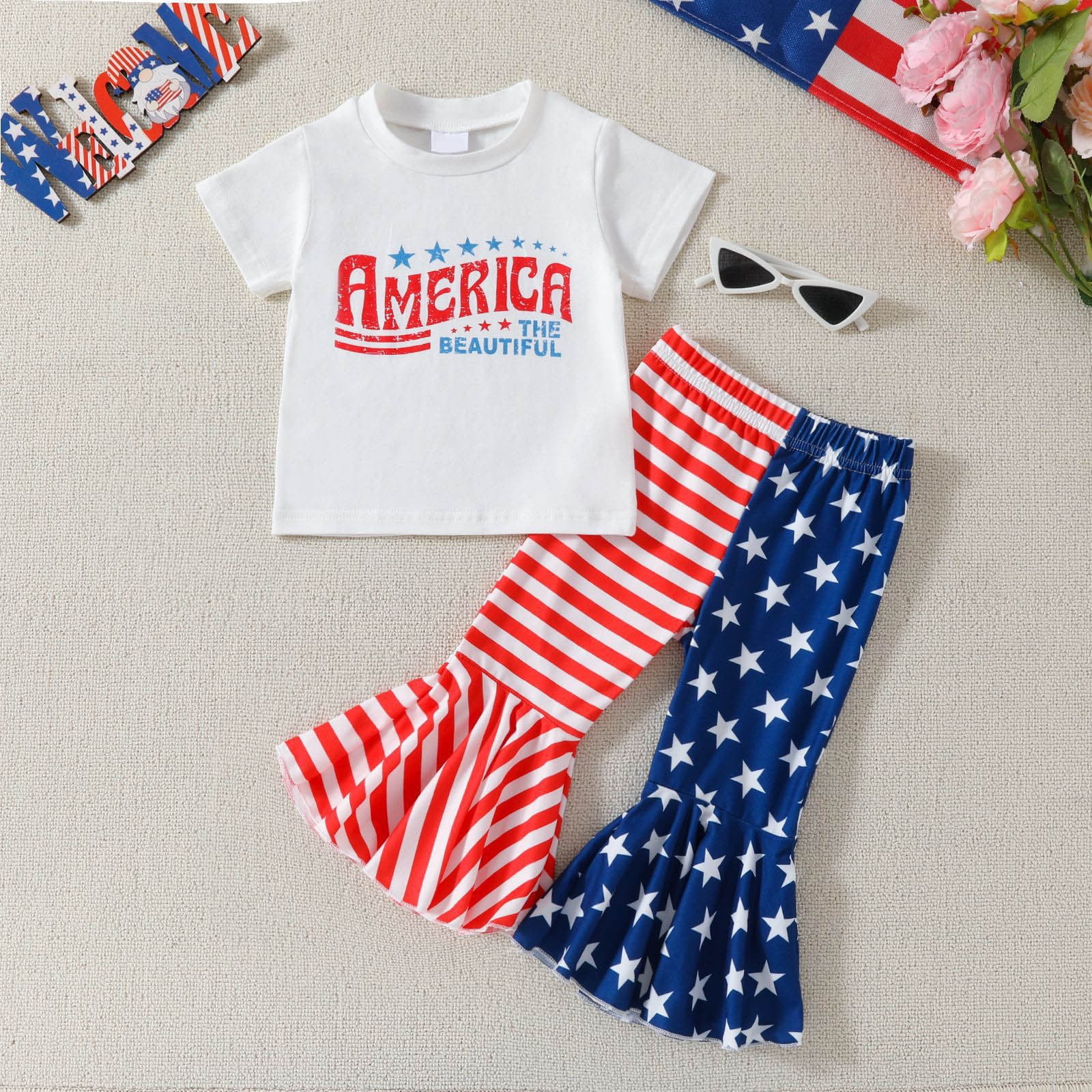 Toddler Girl Outfit 4Th of July Flag Theme Prints Outfits for Kids Toddler Girls Summer Short ...