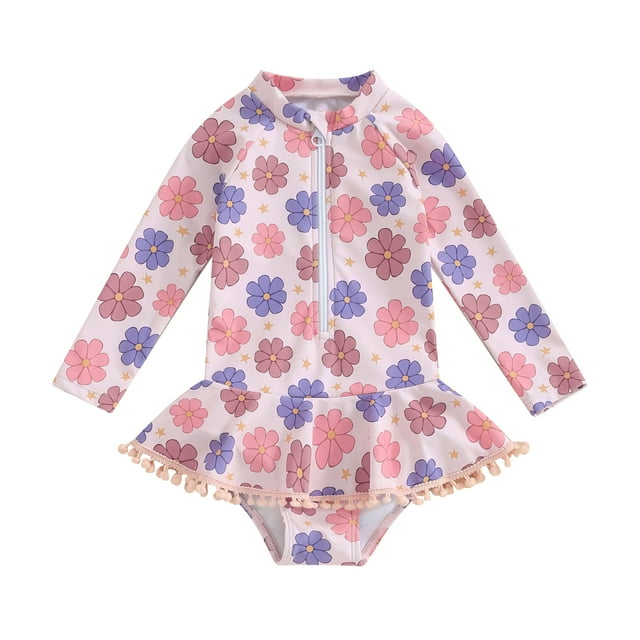 Toddler Girl Rash Guard Swimsuit Cute Floral Print Long Sleeve Zip Up Bathing Suit Swimwear ...