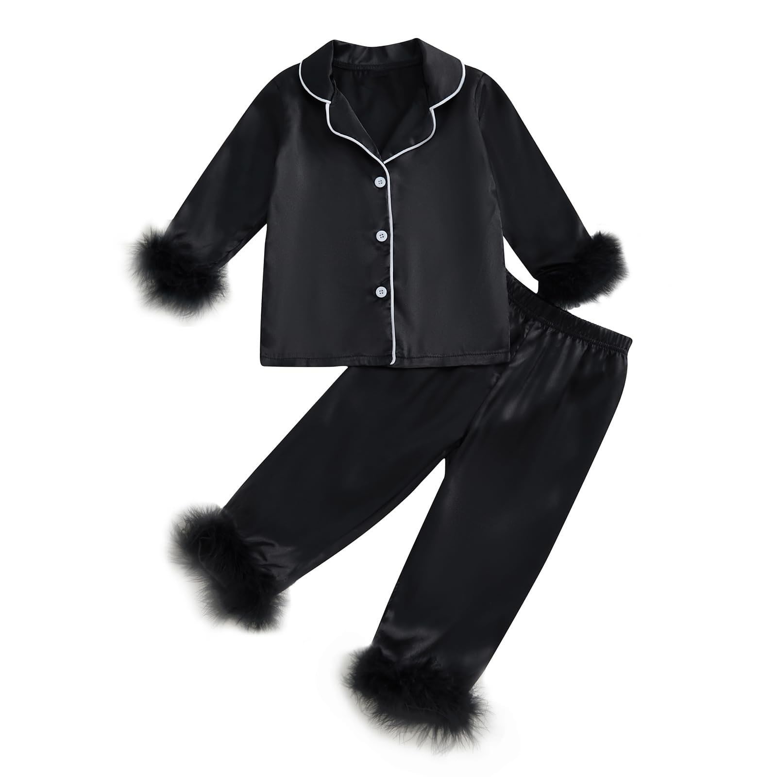 Toddler Girl Button Down Pajamas Set Cute Bow Print Feather Trim Long ...