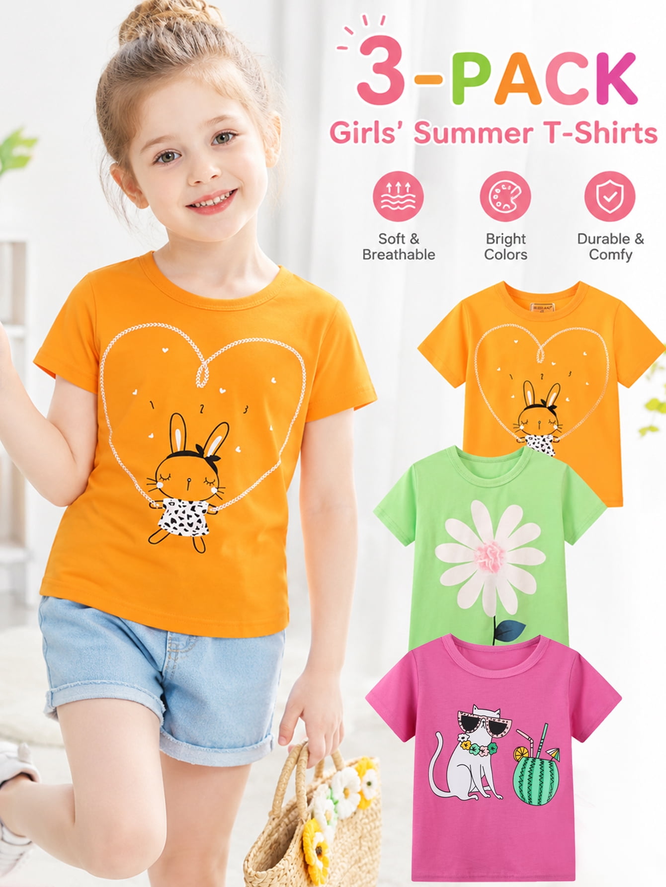 HILEELANG Toddler Girl Short Sleeve Tee, Cotton Crewneck Flower Graphic ...
