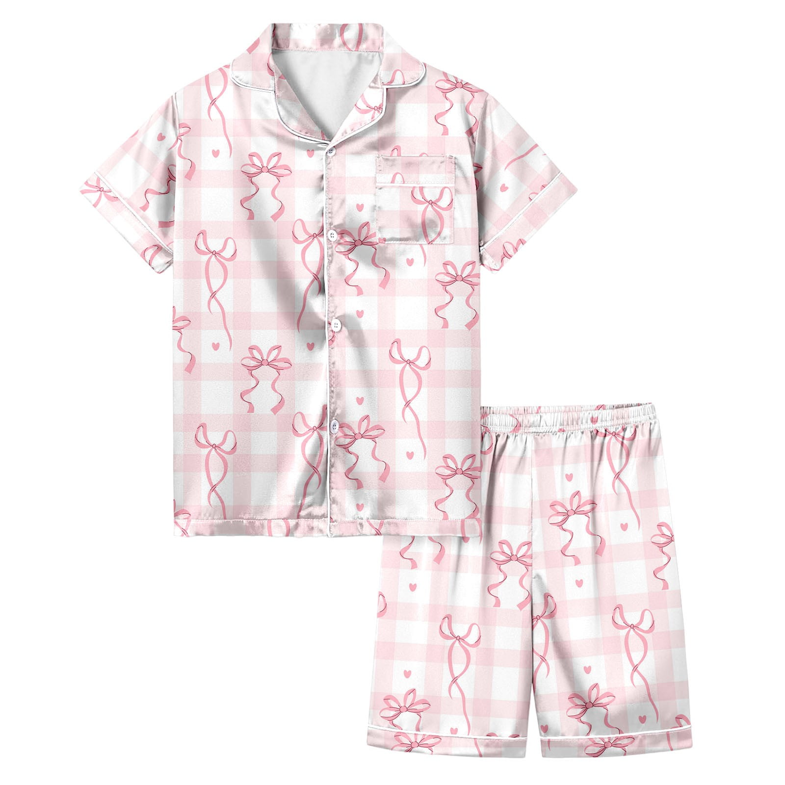 Toddler Girl Silk Pajamas Set Button Top Bow Print Short Sleeve & Short ...