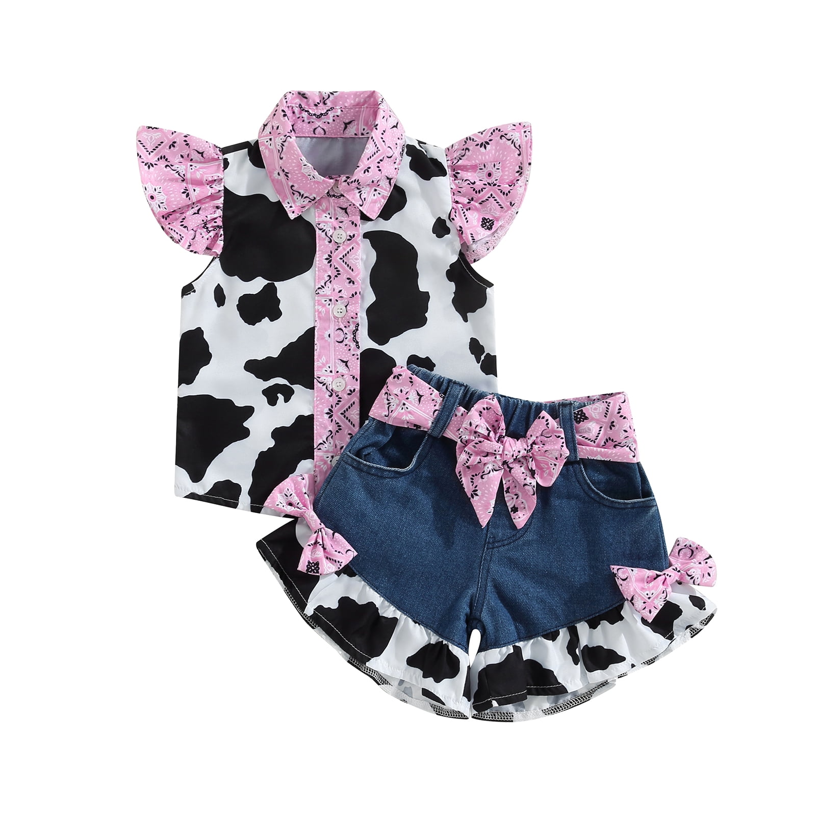 Toddler Girl Summer Clothes Cow Print Fly Sleeve Tops Bow Denim Shorts with Belt Set Baby ...