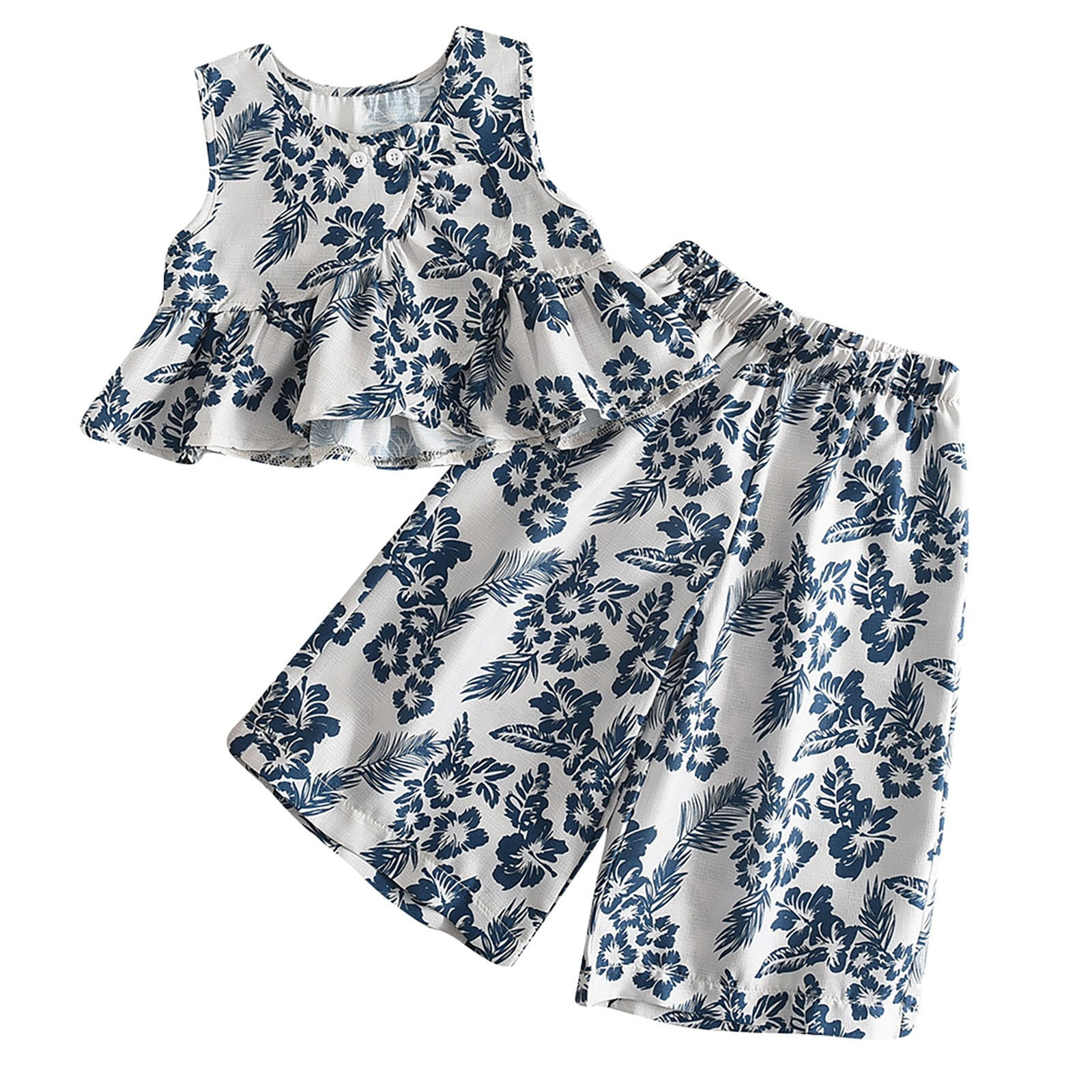 Toddler Girl Summer Two Piece Floral Print Ruffle Hem Top And Floral