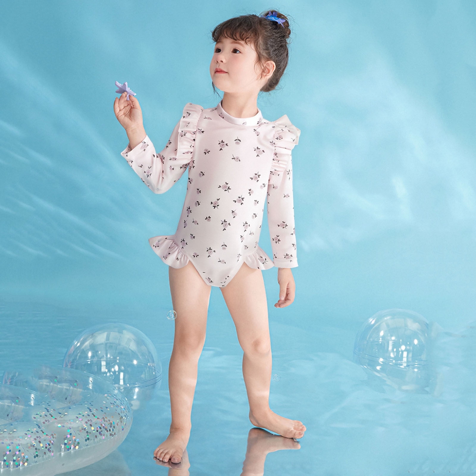 Toddler Girl Swimsuit Long Sleeve Bathing Suit Flower Print Girls ...
