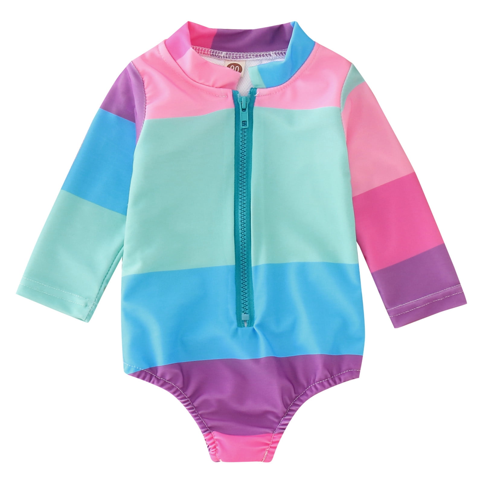 Toddler Girl Swimsuit Summer Long Sleeve Rainbow Striped Prints One ...