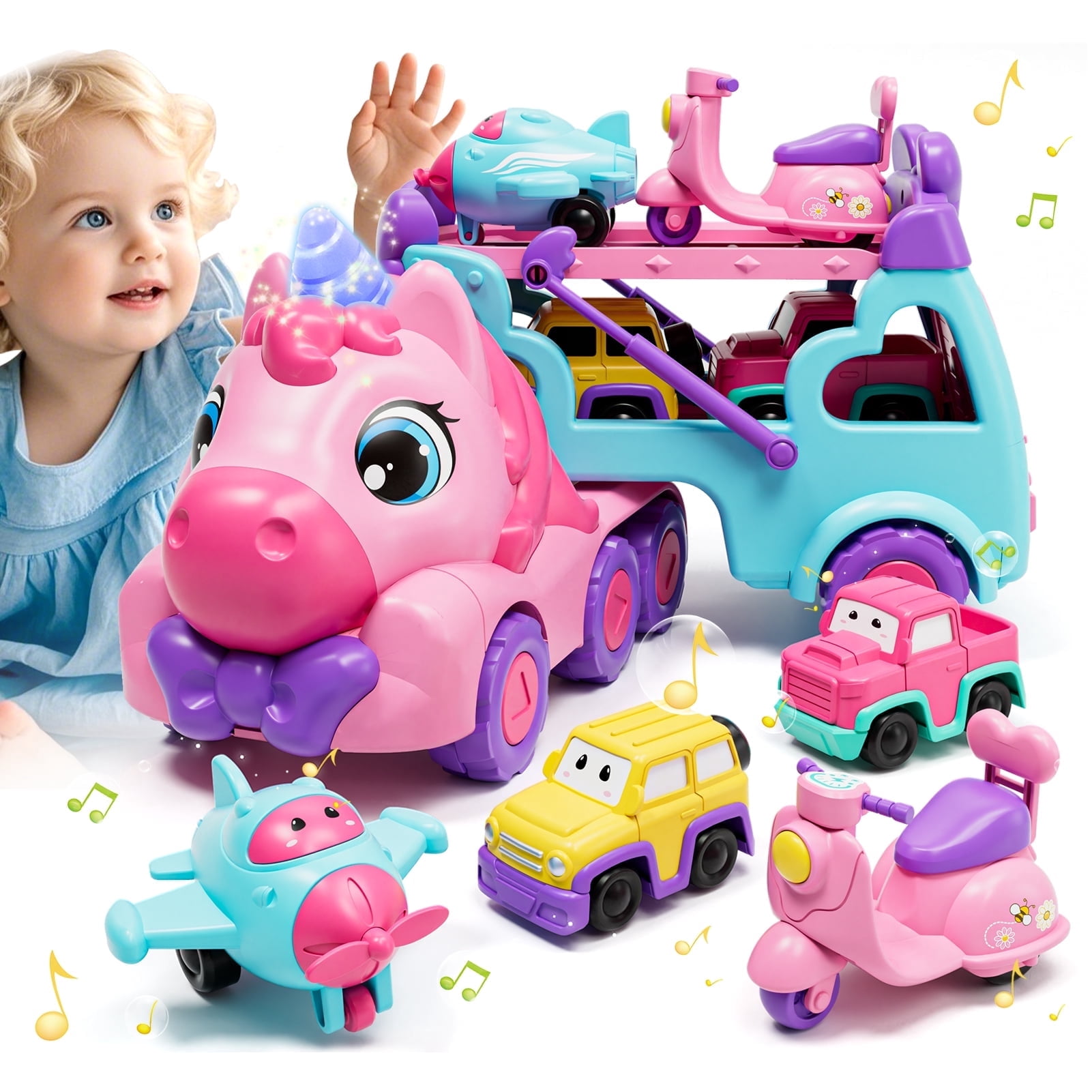 Toddler Girl Toys, 5-in-1 Unicorn Transport Truck for 2 3 4 Year Old ...