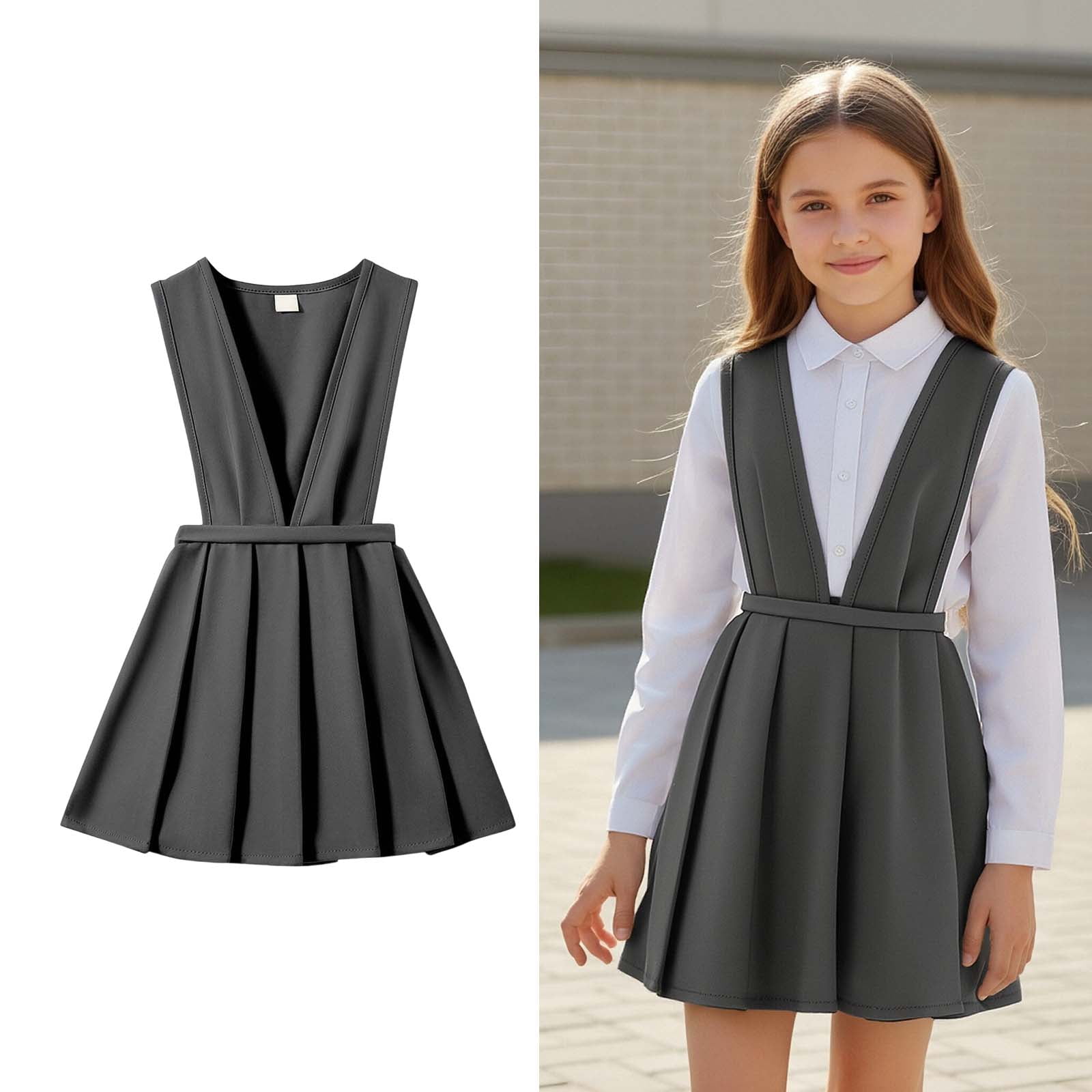 Toddler Girl Uniform Dress Sleeveless V-Neck Jumper Dress A-Line ...