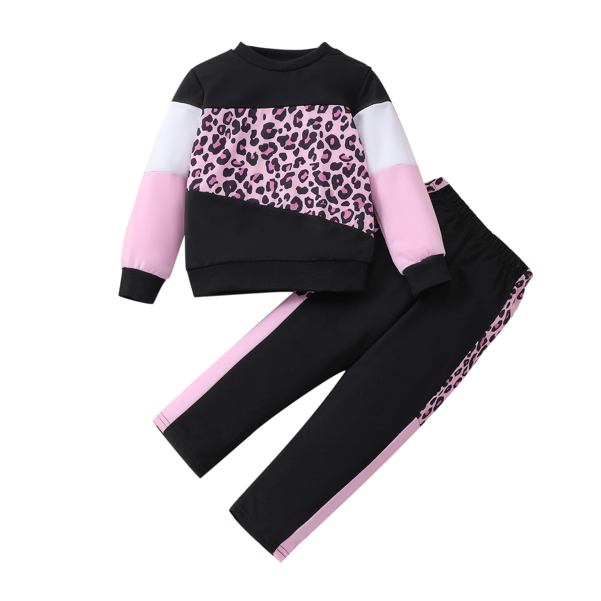 Toddler Girls 2 Piece Cute Outfits Set Leopard Color Block Crewneck ...