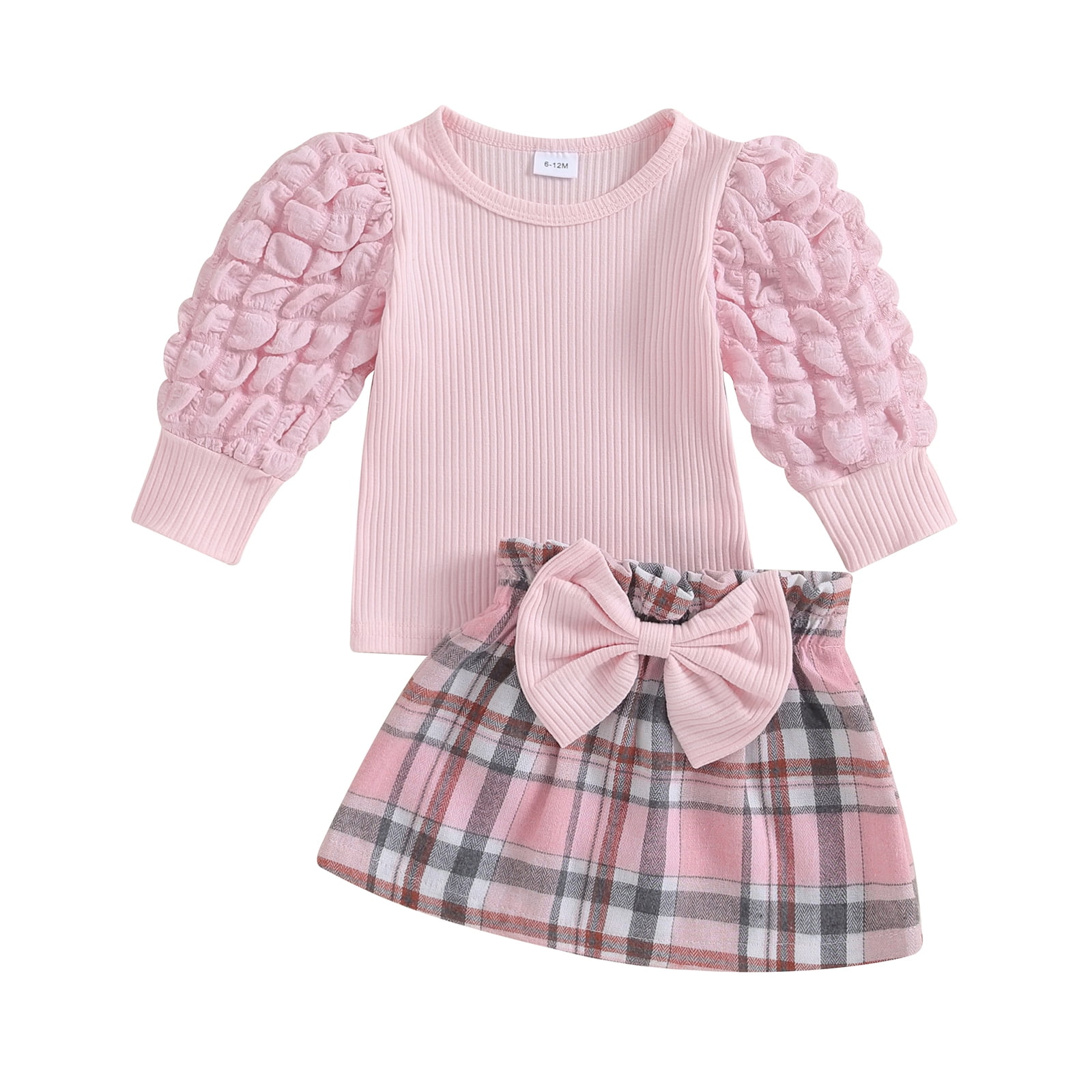 Toddler Girls 2Pcs Fall Outfits Long Puff Sleeve Tops + Plaid Skirt Set ...