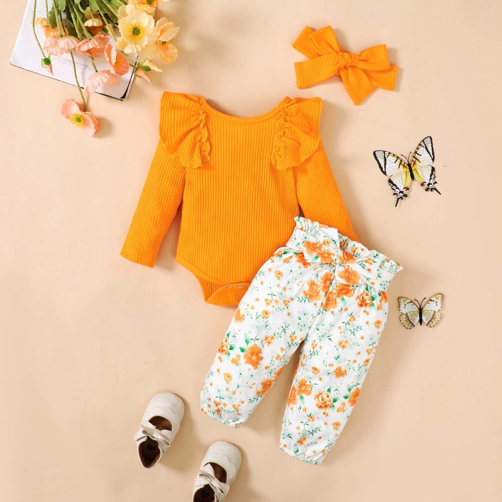 Toddler Girls 3 Piece Outfit Long Sleeve Ruffle Bodysuit Baby Girl ...