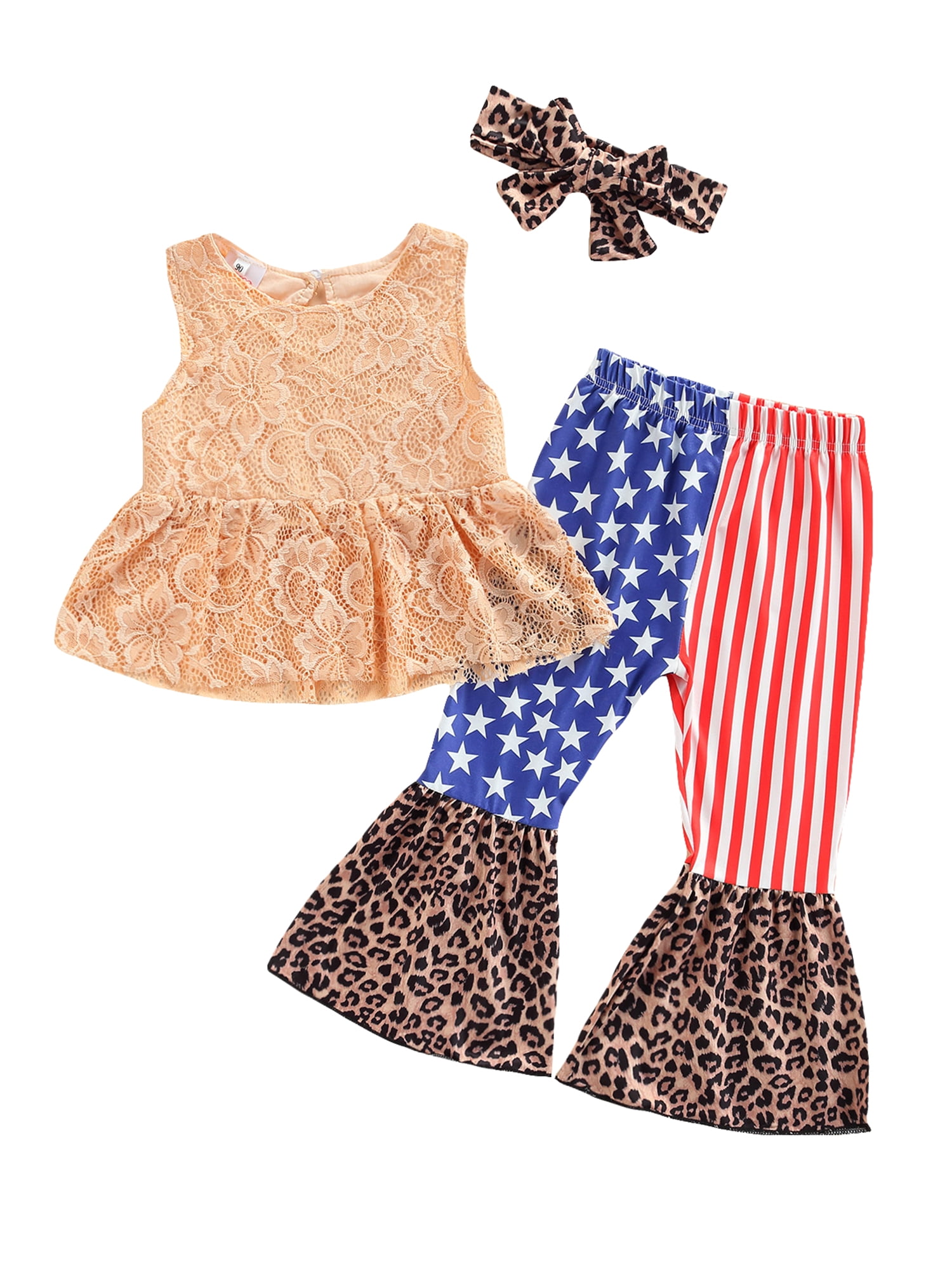 Toddler Girls 4th of July Bell-Bottom 3Pcs Outfit Floral Embroidery ...