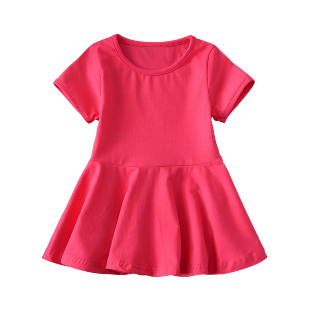 Toddler Girls Cotton Short Sleeve Basic Skater Dress Solid Color Dress ...