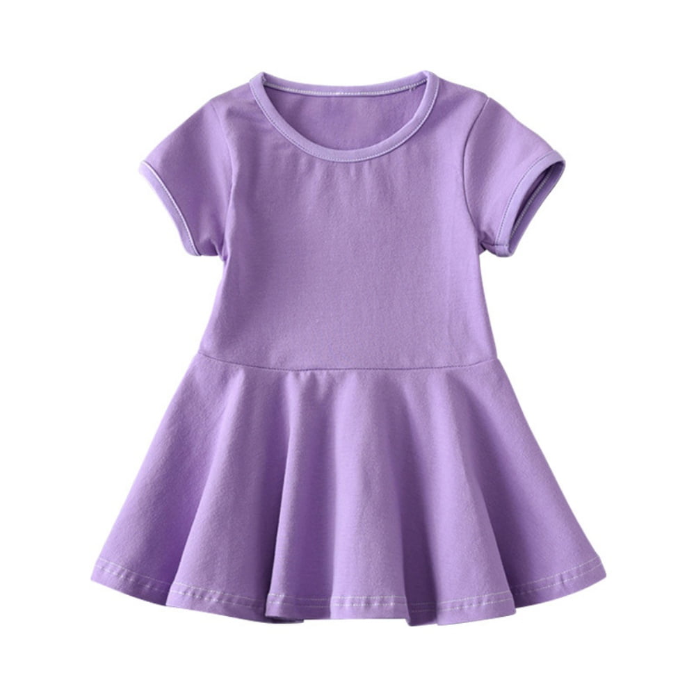 Toddler Girls Cotton Short Sleeve Basic Skater Dress Solid Color Dress ...