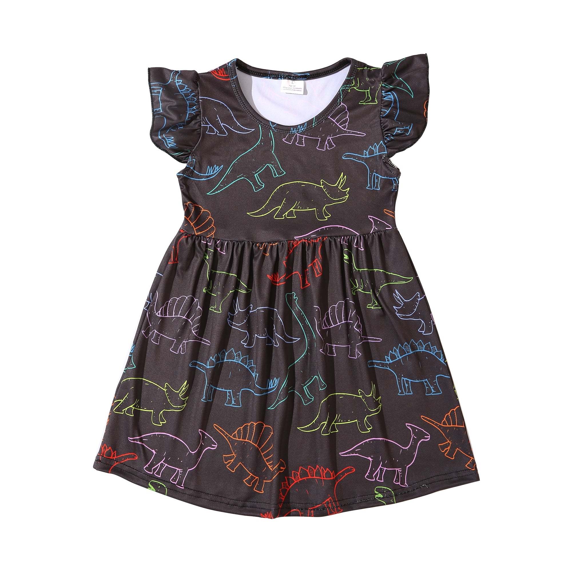 Toddler Girls Dinosaur Dress Flutter Sleeve Summer Casual Clothes 2-3T ...