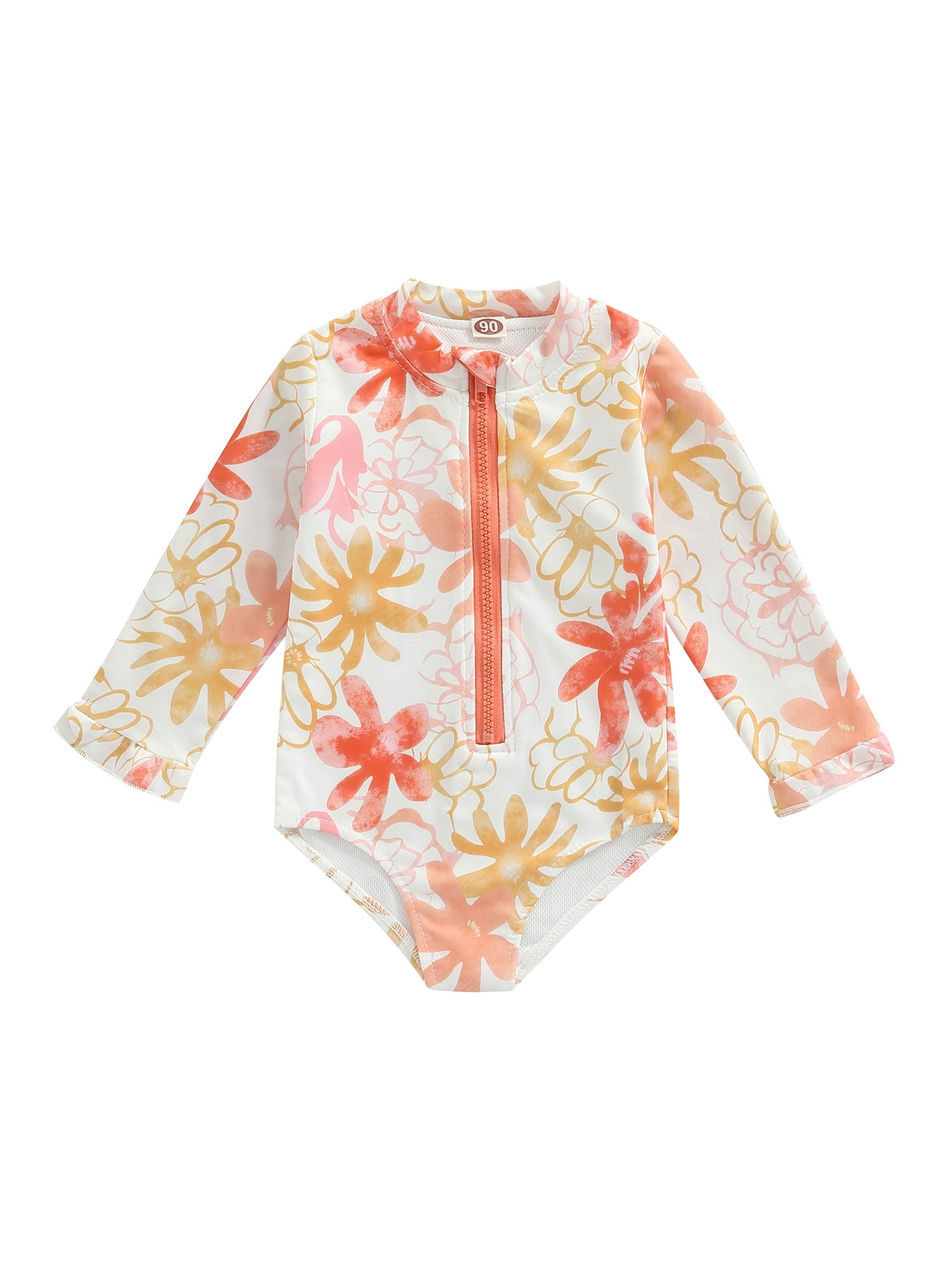Toddler Girls Long Sleeve One-Piece Swimsuit Zipper Front Floral ...
