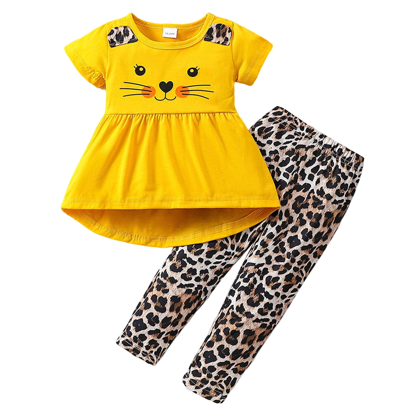 Toddler Girls Outfits Sets Summer Short Sleeve Crew Neck Cartoon Top Leopard Print Pants Letter ...