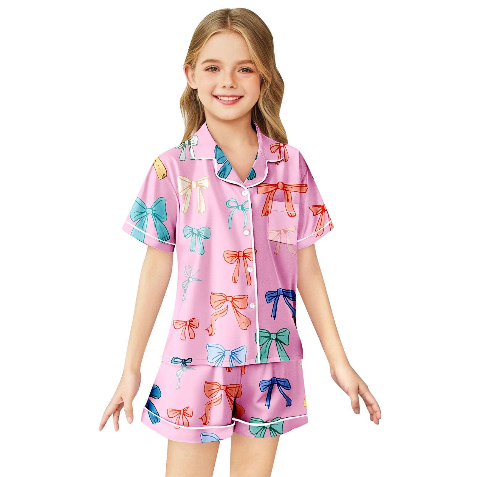 Toddler Girls Satin Pajamas Bow Tie Printed 2 Piece Short Sleeve Button ...