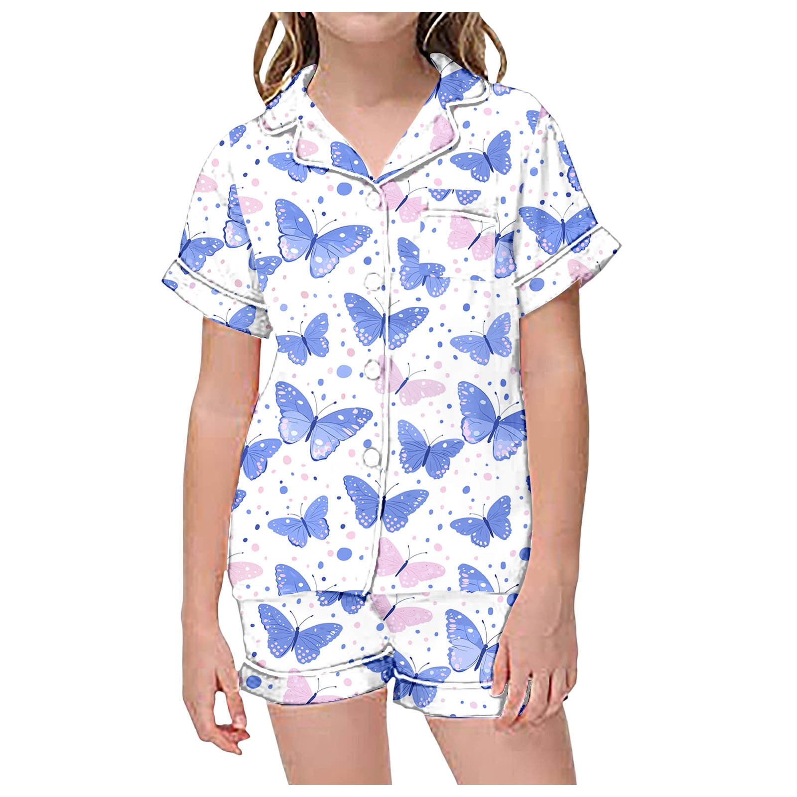 Toddler Girls Satin Pajamas Butterfly Printed Short Sleeve Button-Down ...